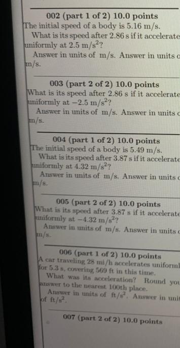 Solved 002 (part 1 of 2 ) 10.0 points The initial speed of a | Chegg.com