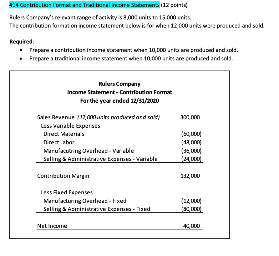 Solved #14 Contribution Format and Traditional Income | Chegg.com