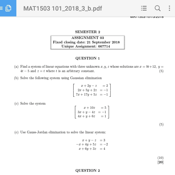 Solved MAT1503 101_2018_3_b.pdf SEMESTER 2 ASSIGNMENT 03 | Chegg.com