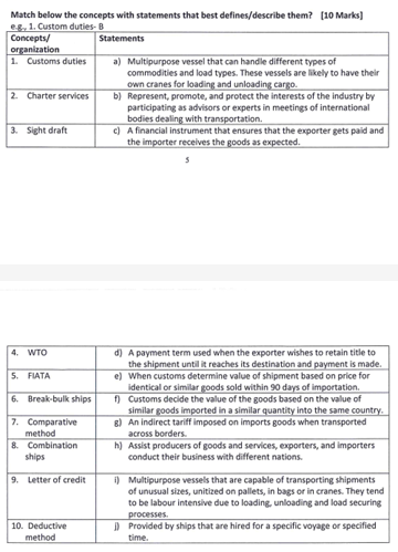 Solved Match below the concepts with statements that best | Chegg.com