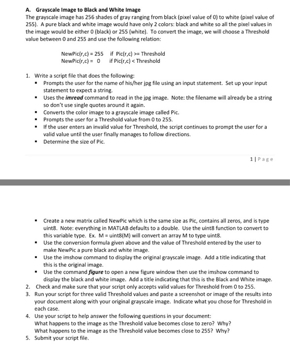 Solved A. Grayscale Image to Black and White Image The | Chegg.com