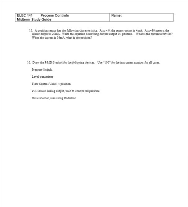 Solved ELEC 141 Process Controls Midterm Study Guide Name: | Chegg.com