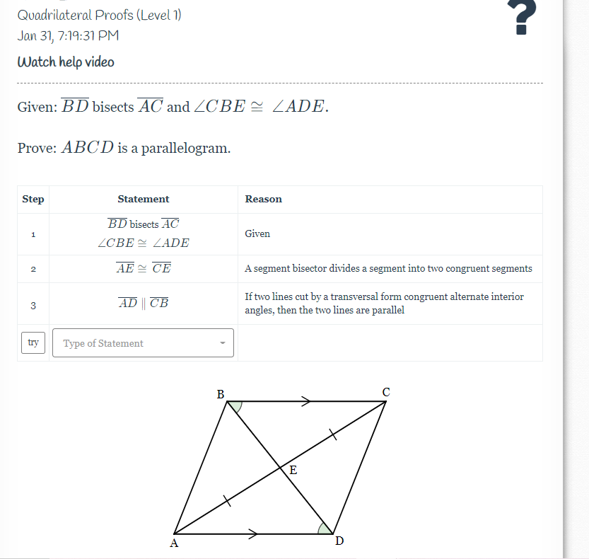 Solved Quadrilateral Proofs (Level 1) Jan 31, 7:19:31 PM | Chegg.com