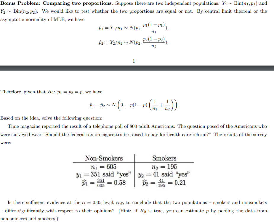 Solved Bonus Problem: Comparing two proportions: Suppose | Chegg.com