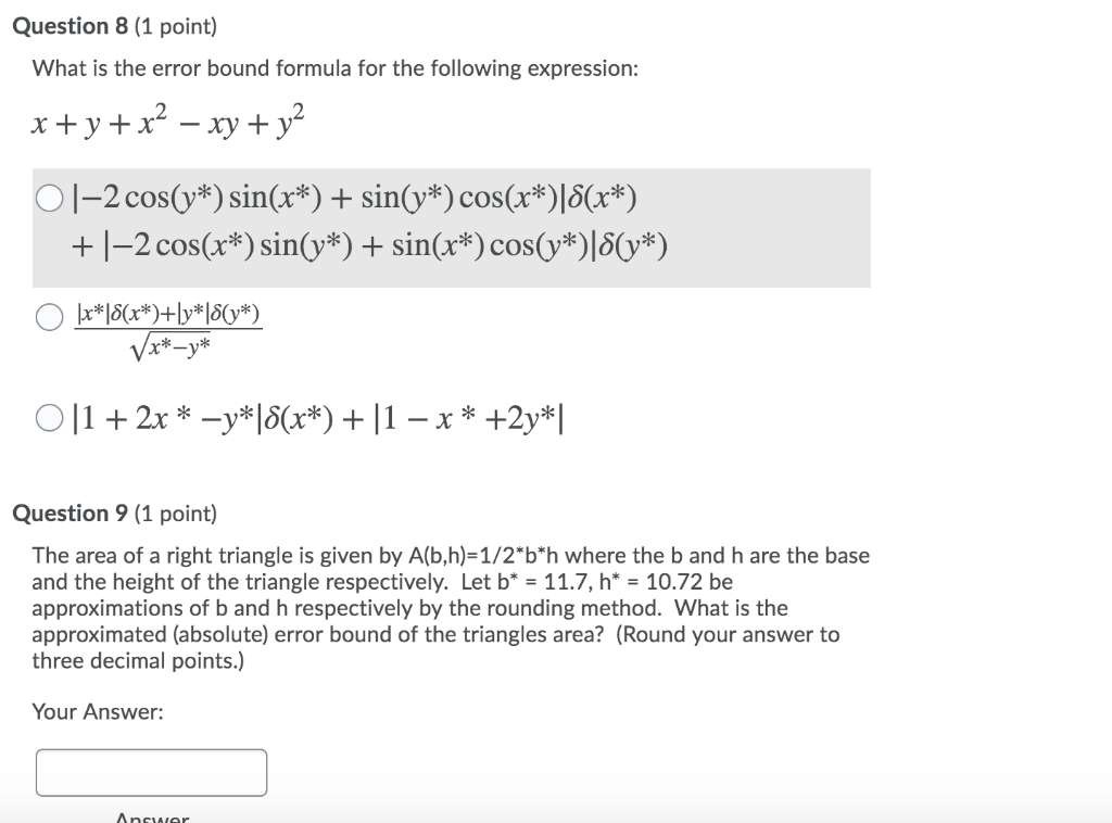 Solved Question 8 1 Point What Is The Error Bound Formula