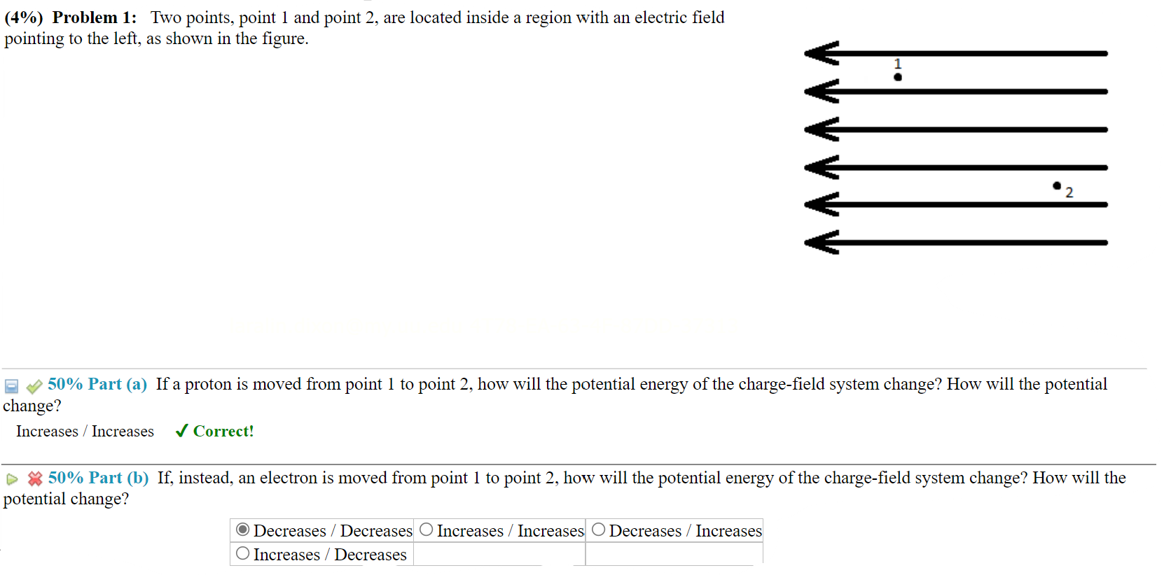 Solved (4%) Problem 1: Two points, point 1 and point 2, are | Chegg.com