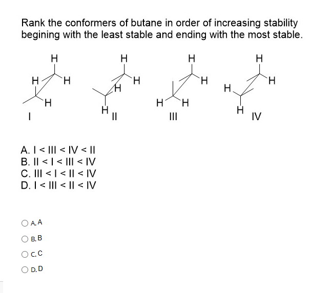 Solved Rank the conformers of butane in order of increasing | Chegg.com