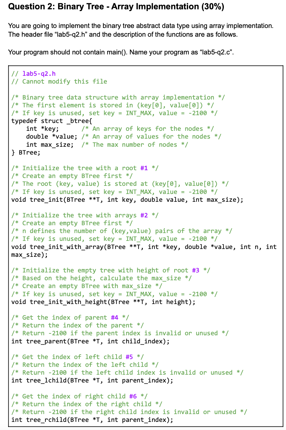 Solved Question 2: Binary Tree - Array Implementation (30\%) | Chegg.com