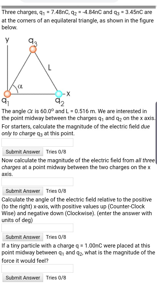 Solved Three charges, q1 7.48nC, q2 = -4.84nC and q3 3.45nC | Chegg.com