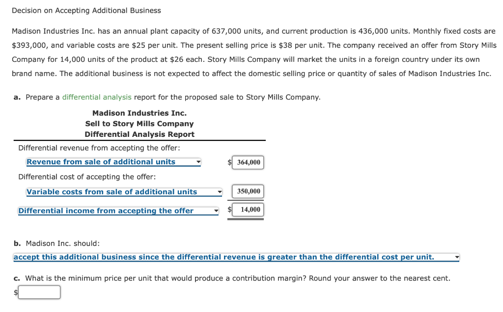 Solved Decision on Accepting Additional Business Madison | Chegg.com