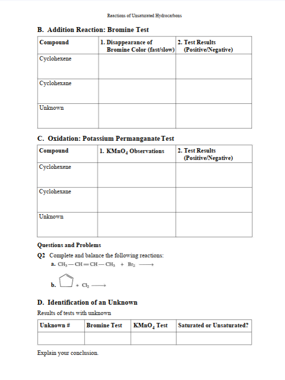 Solved Reactions of Unsaturated Hydrocarbons B. Addition | Chegg.com
