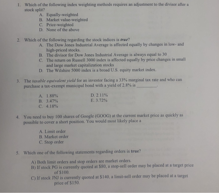 Solved Which of the following index weighting methods | Chegg.com