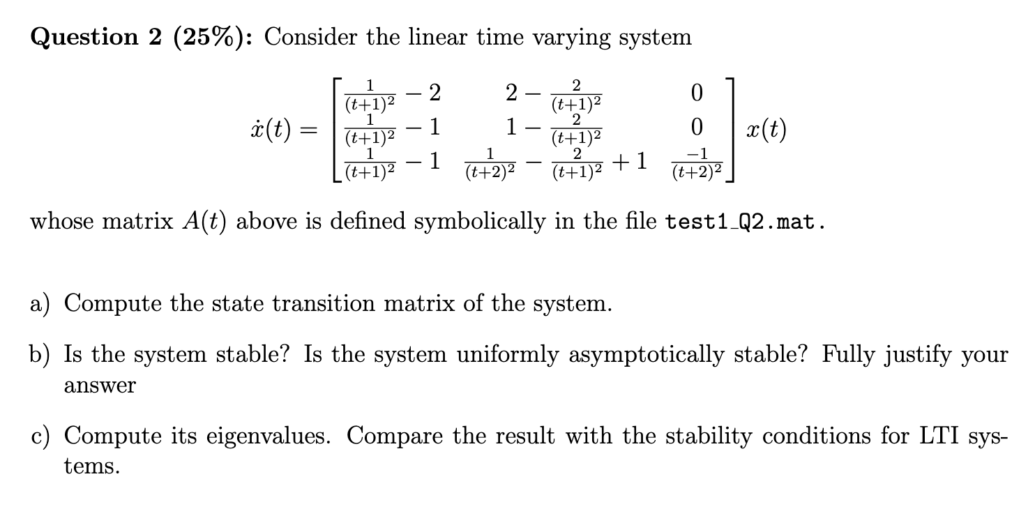 Question 2 25 Consider The Linear Time Varying