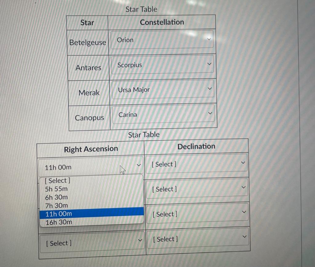 Solved Star Table \begin{tabular}{|l|l|} \hline Star & | Chegg.com