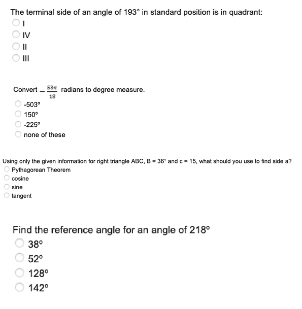 Solved The terminal side of an angle of 193° in standard | Chegg.com