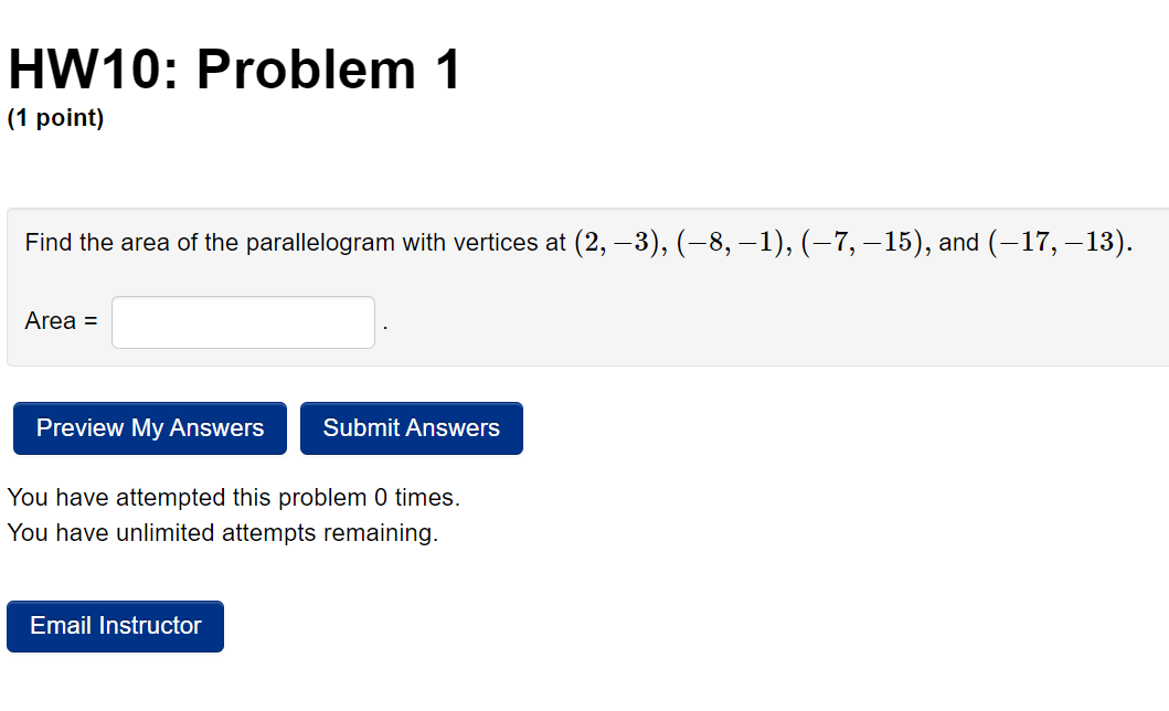 Solved HW10: Problem 1 (1 point) Find the area of the | Chegg.com