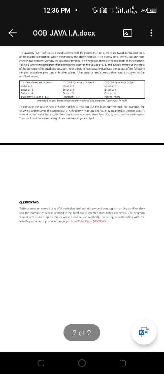 Solved 12:36 PM. "0.000 1.01.18/S (75 OOB JAVA I.A.docx The | Chegg.com