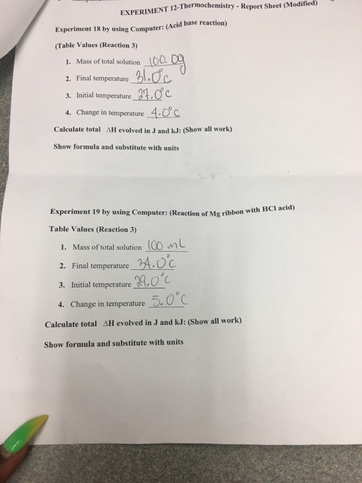 Solved T 12-Thermochemistry -Report Sheet (Modified) | Chegg.com