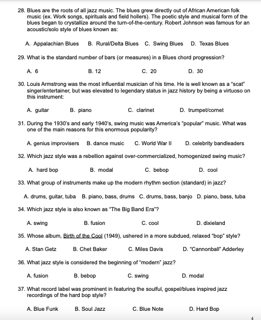 Solved 28. Blues are the roots of all jazz music. The blues | Chegg.com