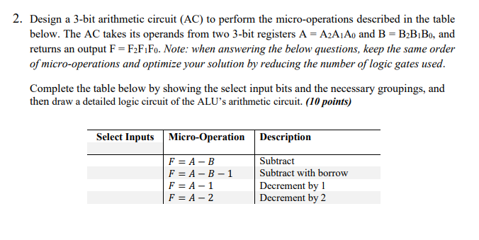 Solved 2. Design a 3-bit arithmetic circuit (AC) to perform | Chegg.com