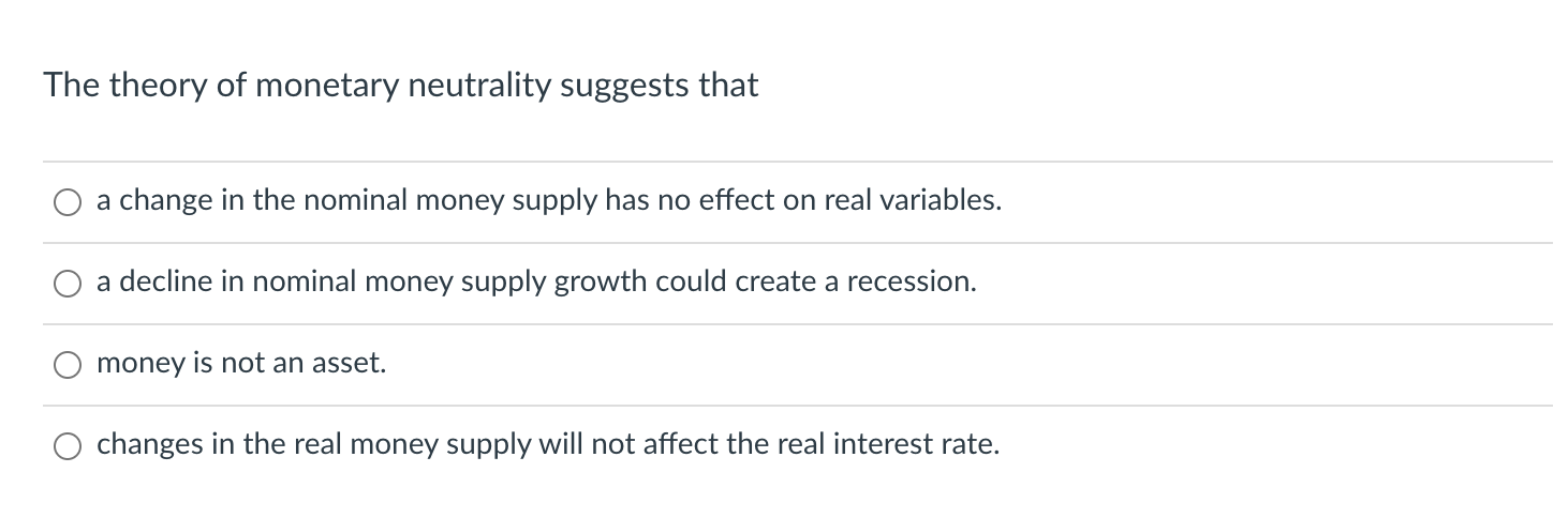 Solved The theory of monetary neutrality suggests that a | Chegg.com