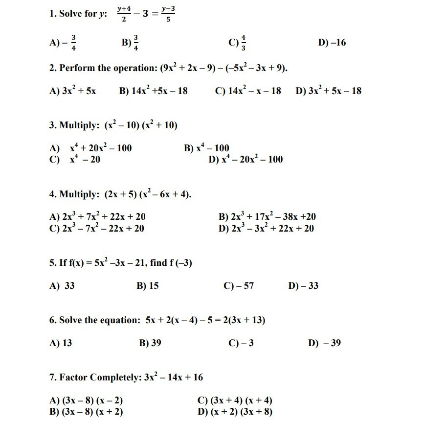 Solved Y 3 1 Solve Fory 4 B C D 16 4 4 2 Perform The Chegg