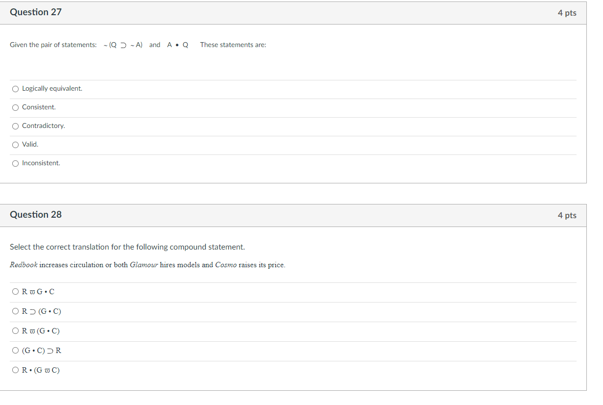 Solved Question 27 4 pts Given the pair of statements: (QA) | Chegg.com