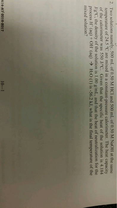 Solved Two solutions namely, 500 mL of 0.50 M HCl and 500 mL | Chegg.com