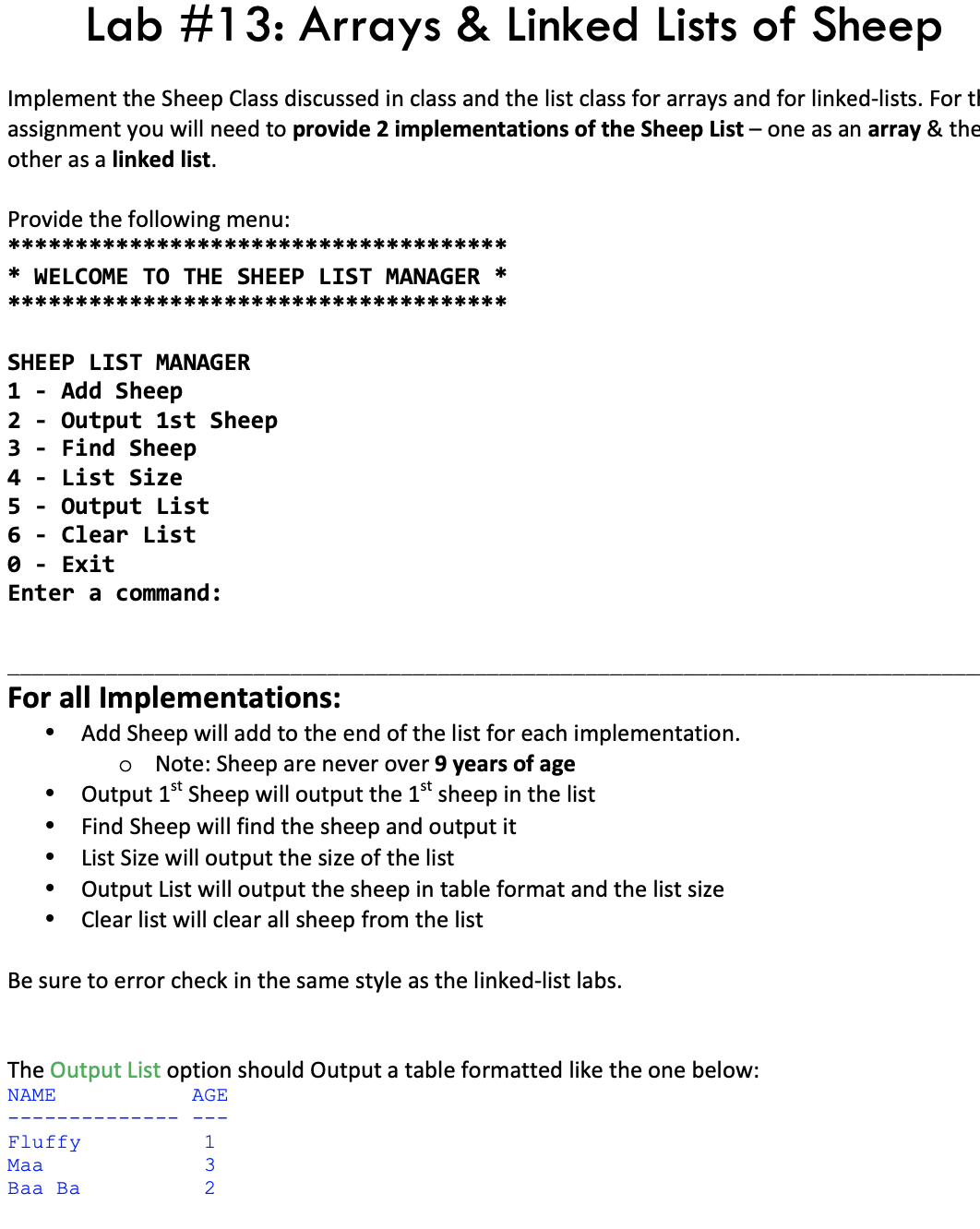 Lab #13: Arrays & Linked Lists of Sheep Implement the | Chegg.com