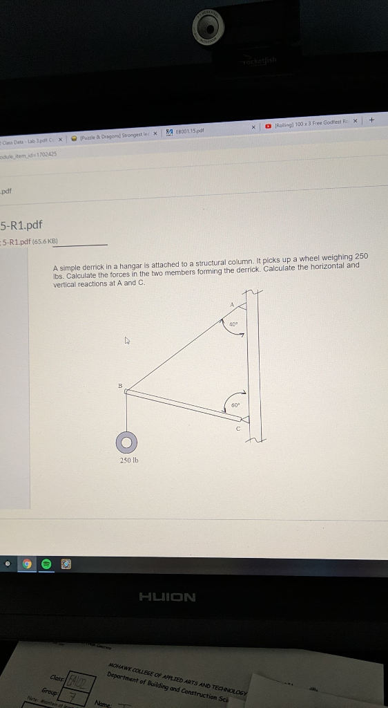 Solved QUESTION: A simple derrick in a hangar is attached to | Chegg.com