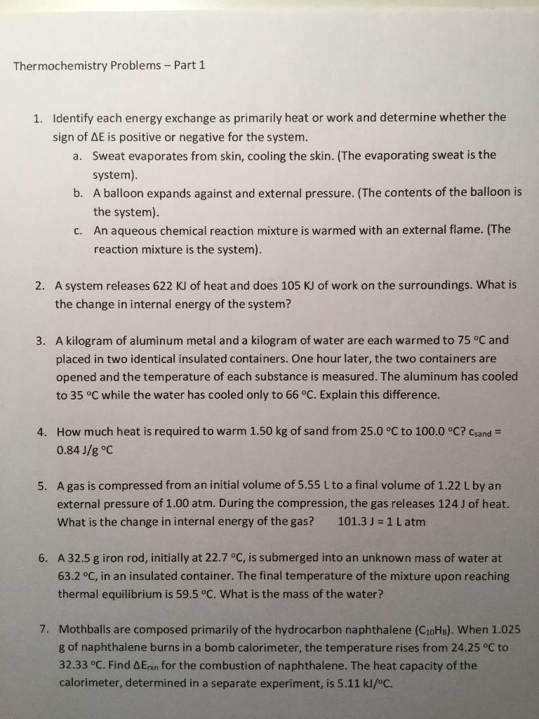 Solved Thermochemistry Problems - Part 1 1. Identify each | Chegg.com