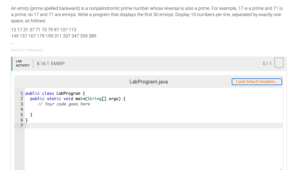 Solved An emirp (prime spelled backward) is a nonpalindromic | Chegg.com