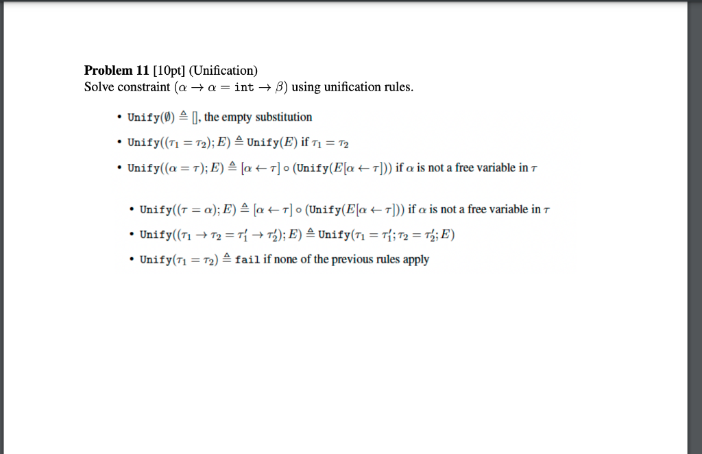 Solved Problem 11 [10pt] (Unification) Solve constraint | Chegg.com