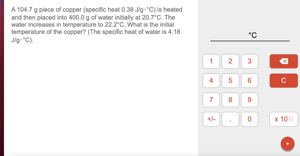 Solved A 104.7 g piece of copper (specific heat 0.38 J/g•°C) | Chegg.com