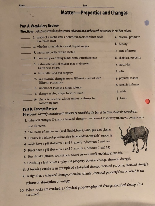 Solved Name Date Matter-Properties and Changes Part A. | Chegg.com