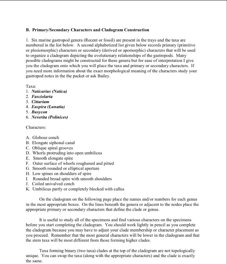 B. Primary/Secondary Characters and Cladogram | Chegg.com