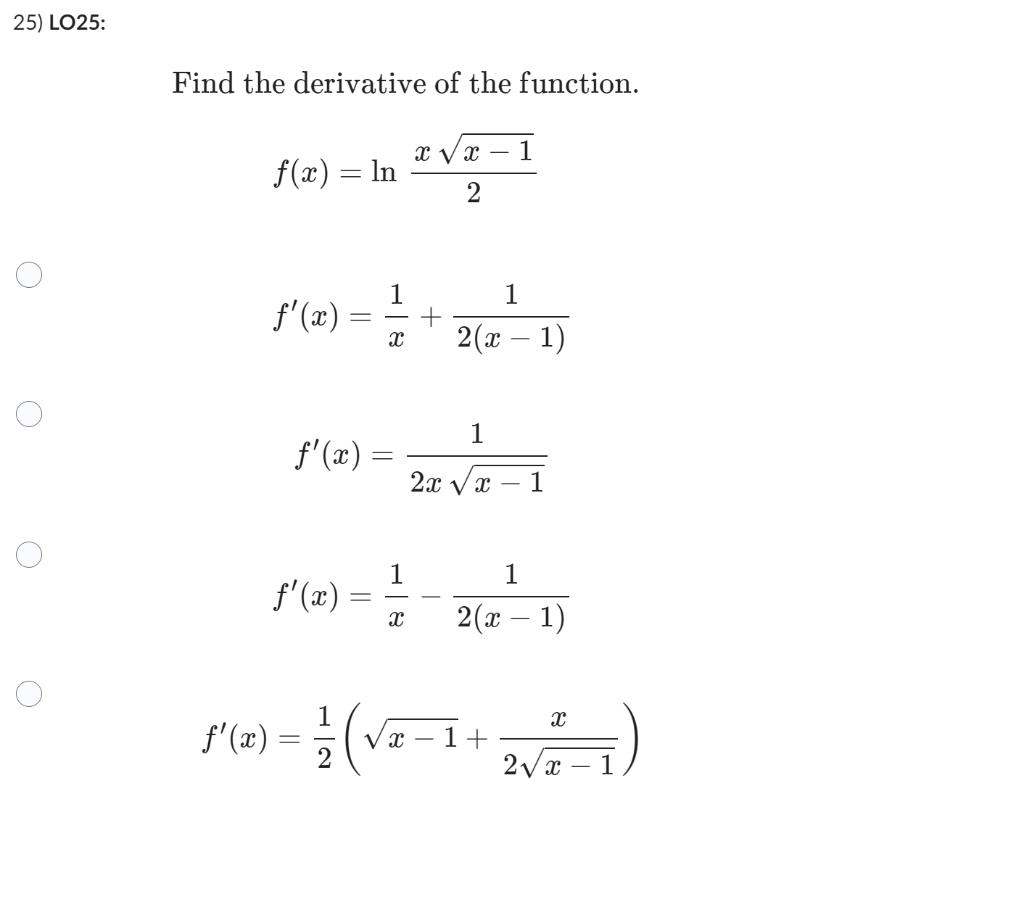 Solved Find the derivative of the function. f(x)=ln2xx−1 | Chegg.com