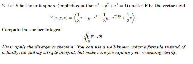 Solved 2. Let S be the unit sphere (implicit equation r2 + | Chegg.com