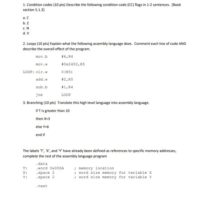 Solved 1. Condition codes (10 pts) Describe the following | Chegg.com