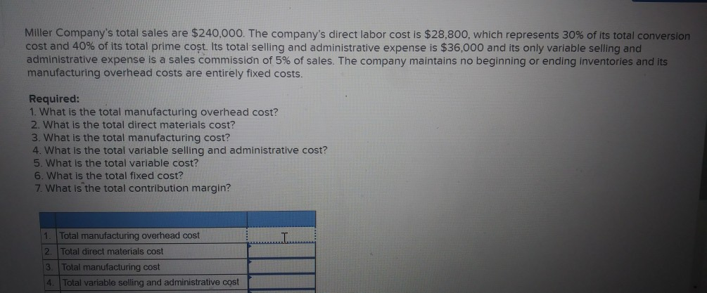 Solved Miller Company's total sales are $240,000. The | Chegg.com Solved Miller Company's total sales are $240,000. The | Chegg.com