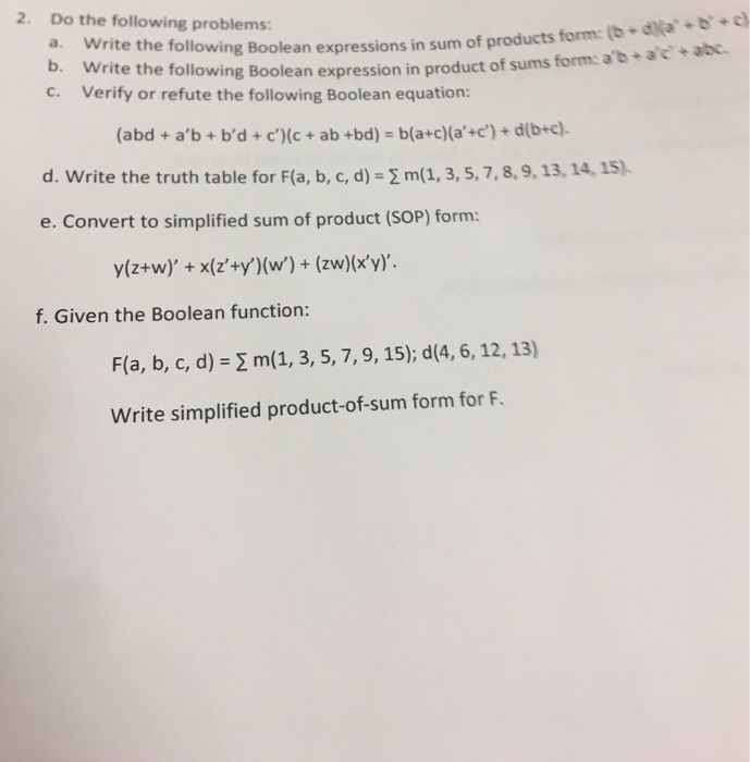 Solved 2. Do the following problems: in sum of products | Chegg.com