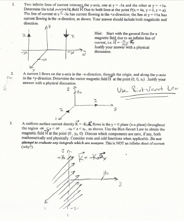 Solved 1. Two infinite lines of current intersect the | Chegg.com
