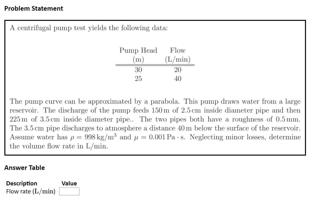 Solved Problem Statement A centrifugal pump test yields the | Chegg.com