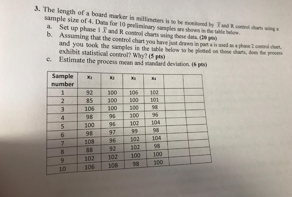 Solved set up phase 1 x and R control chart using these data | Chegg.com