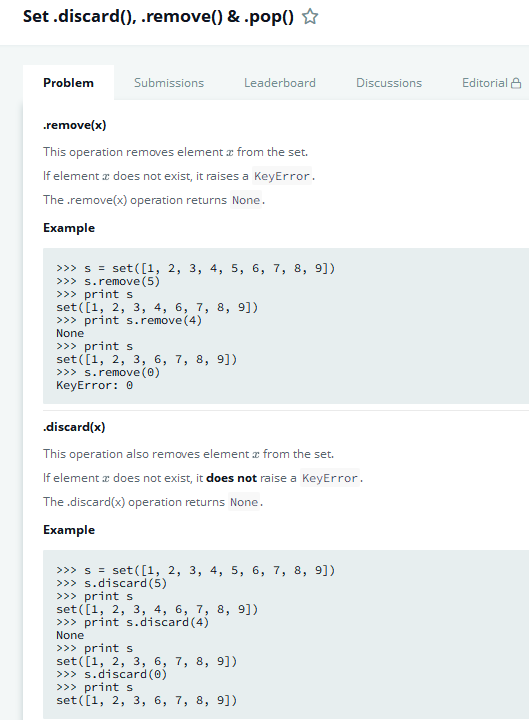 Solved Set.discard(), .remove() & .pop) Problem Submissions | Chegg.com