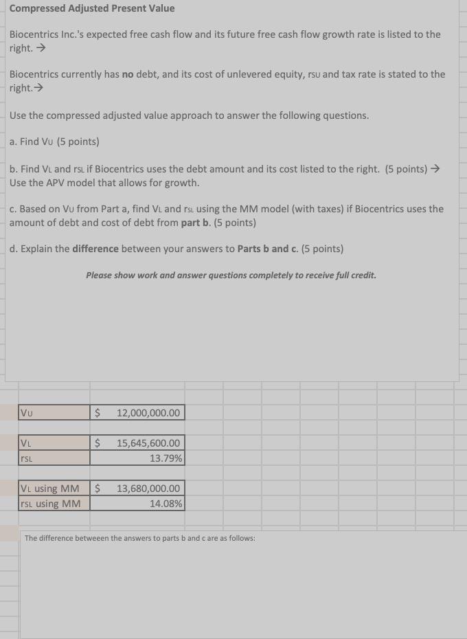 Compressed Adjusted Present Value Biocentrics Inc.'s | Chegg.com