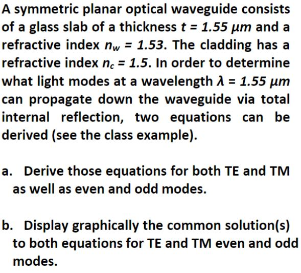 A symmetric planar optical waveguide consists of a | Chegg.com