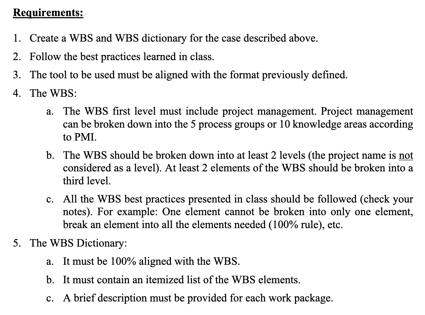 Solved 1. Create a WBS and WBS dictionary for the case | Chegg.com