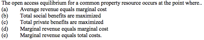 Solved The open access equilibrium for a common property | Chegg.com
