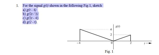 Solved 1. For the signal g(t) shown in the following Fig.1, | Chegg.com
